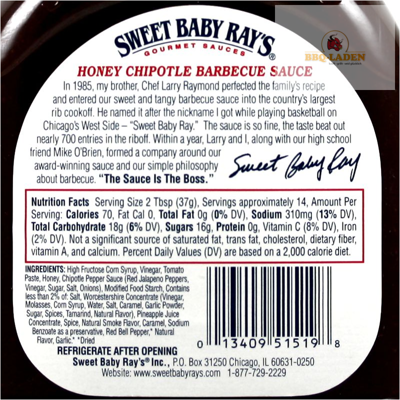 Sweet Baby Ray's Honey Chipotle Barbecue Sauce, 6,45